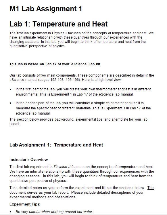M1 Lab Assignment 1 Lab 1: Temperature and Heat The | Chegg.com