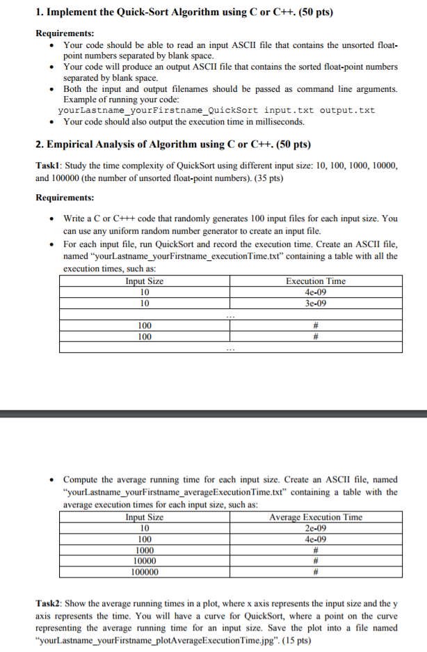Solved 1 Implement The Quick Sort Algorithm Using C Or C 4461