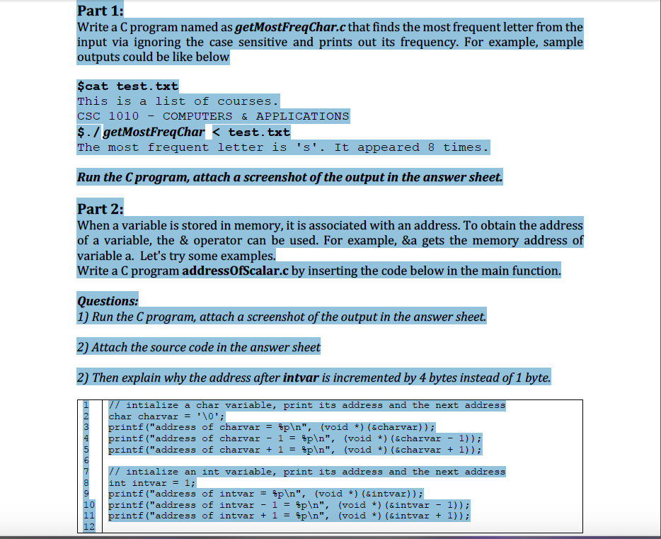 Solved Part 1 Write A C Program Named As Getmostfreqcharc