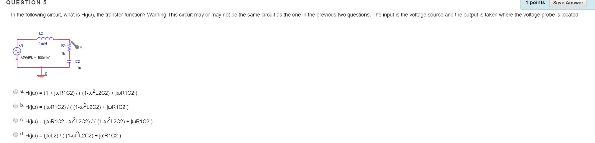 Solved In the following circuit, what is H(j omega), the | Chegg.com