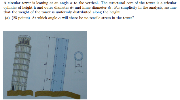 Solved A circular tower is leaning at an angle alpha to the | Chegg.com