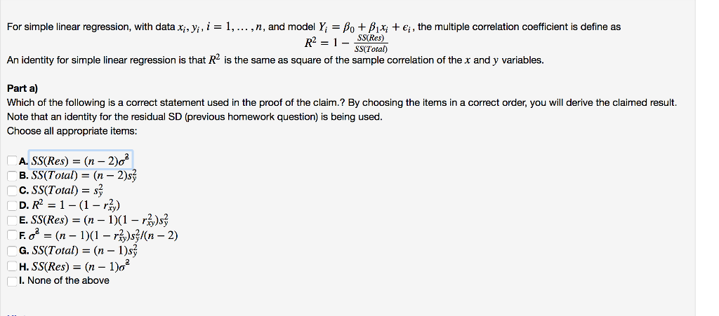 Solved For simple linear regression, with data xi, yi, l = | Chegg.com