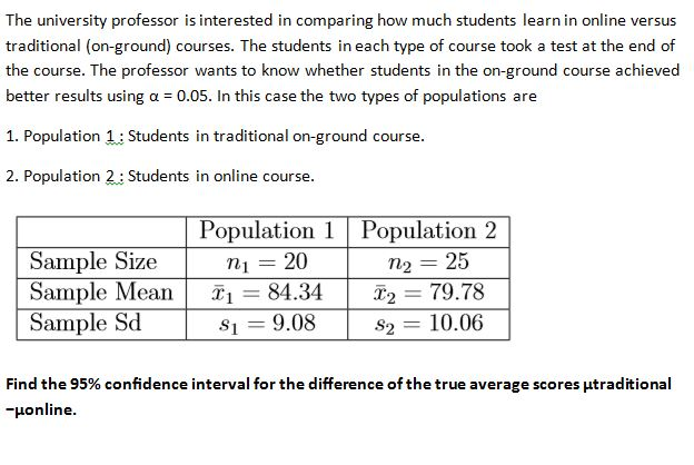 Solved The university professor is interested in comparing | Chegg.com