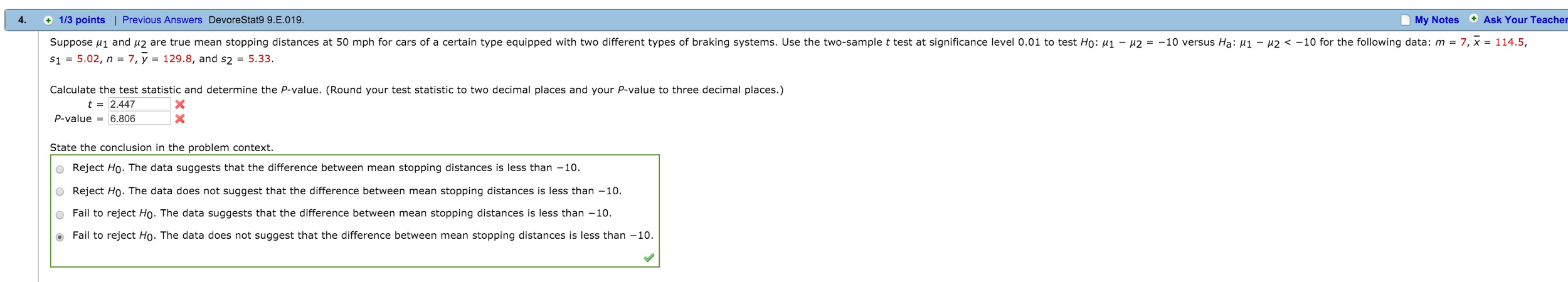 Solved Suppose mu 1 and mu 2 are true mean stopping | Chegg.com