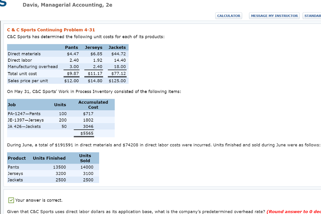 Solved Davis, Managerial Accounting, 2e CALCULATOR MESSAGE | Chegg.com