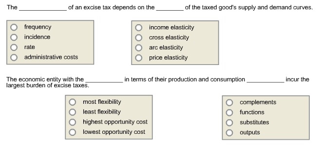 Solved The of an excise tax depends on the of the taxed | Chegg.com