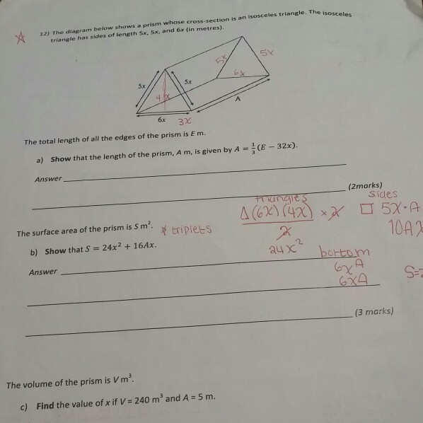 Solved 12) The diagram below shows a prism whose | Chegg.com