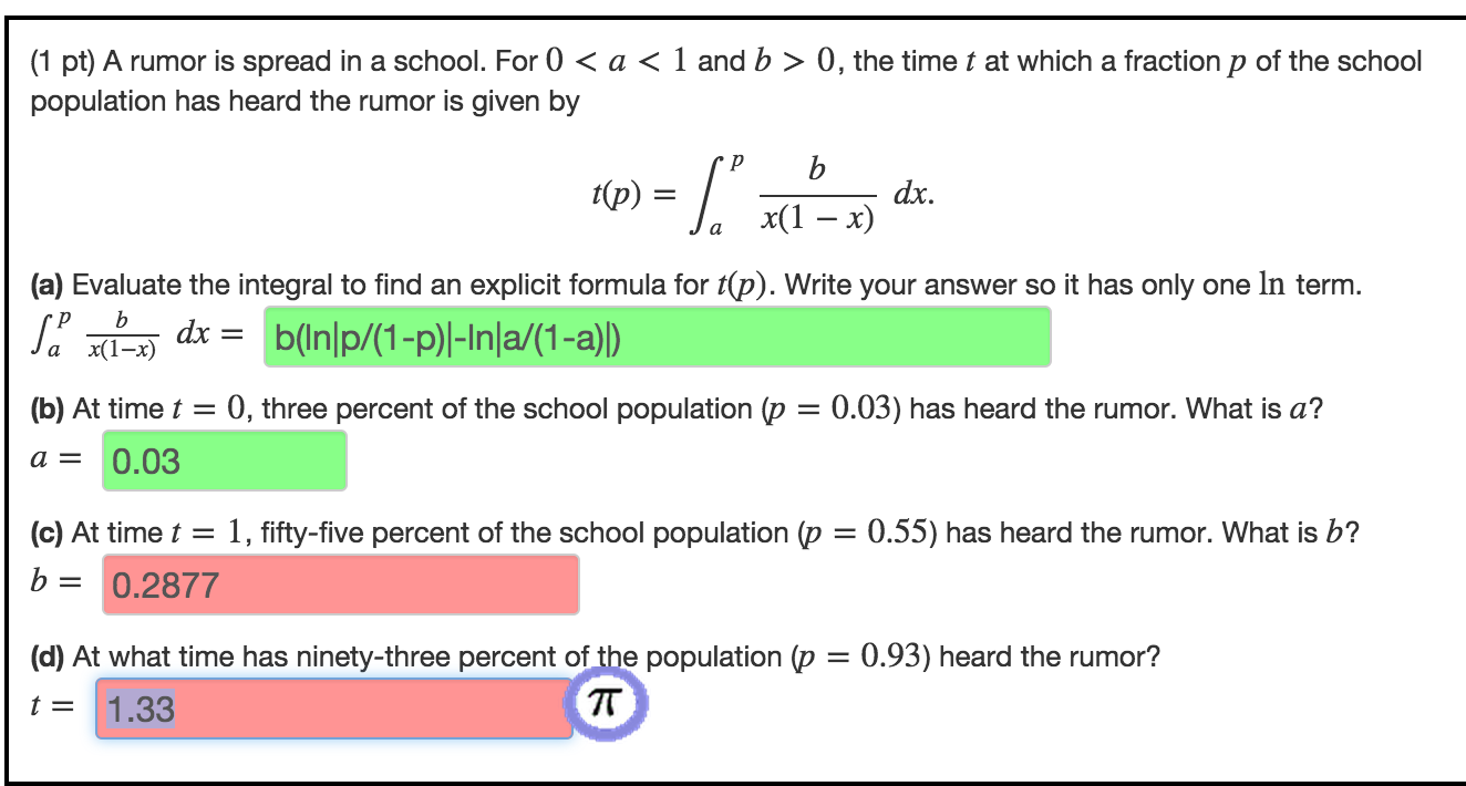Solved (1 pt) A rumor is spread in a school. For 0