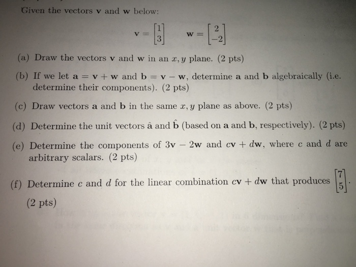 Solved Given the vectors v and w below: v = [1 3] w = [2 | Chegg.com