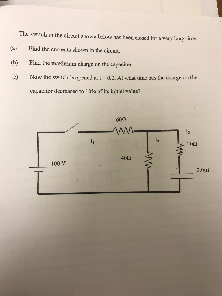 Solved The switch in the circuit shown below has been closed | Chegg.com
