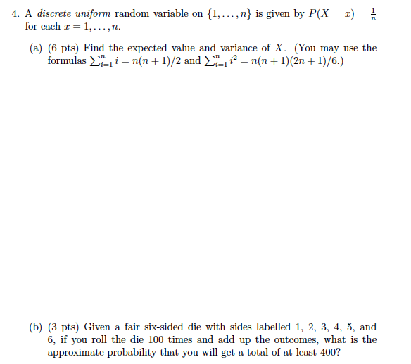 Solved A discrete uniform random variable on {1, ,n} is | Chegg.com