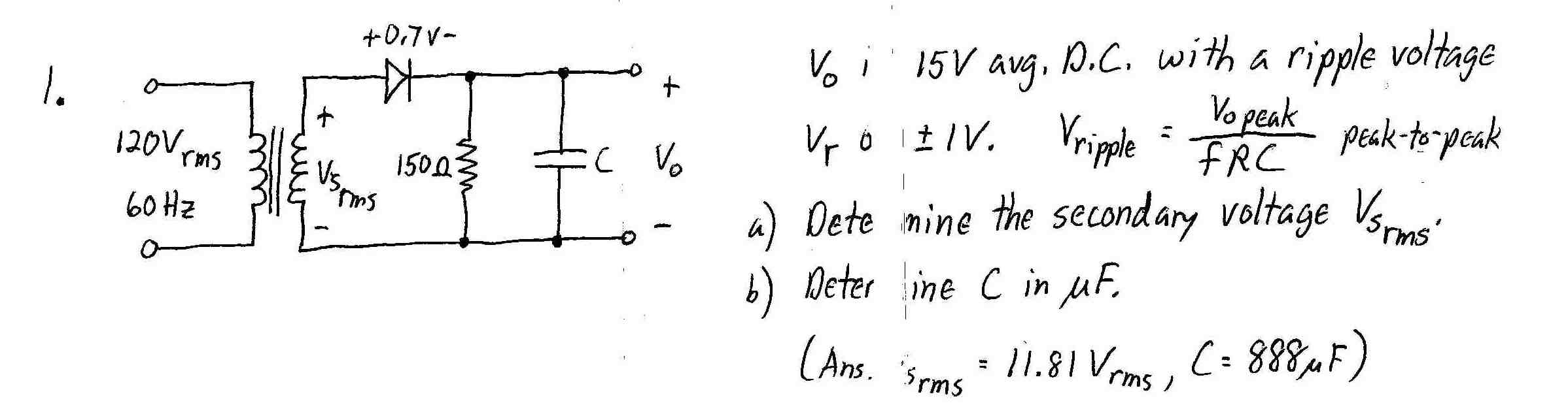 Solved v0 is 15V avg. D.C. with a ripple voltage Vr of 1V. | Chegg.com