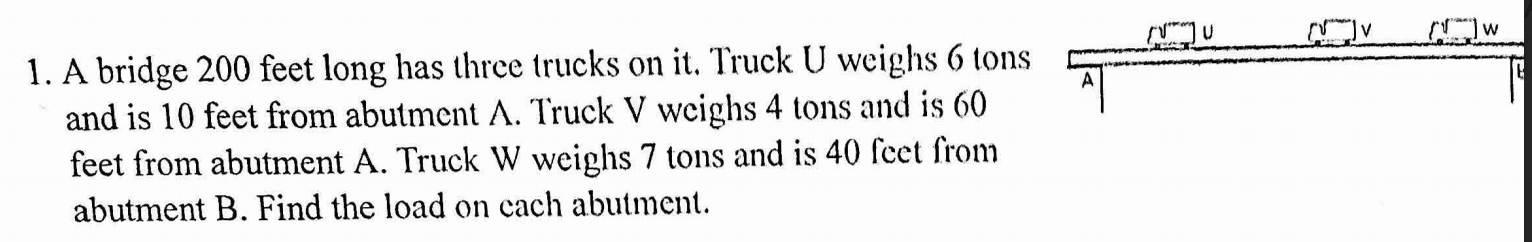 Solved 1. A bridge 200 feet long has three trucks on it, | Chegg.com