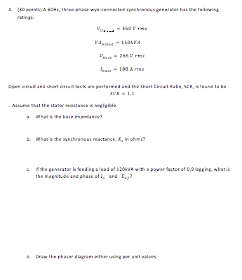 Solved A 60Hz, three-phase wye-connected synchronous | Chegg.com