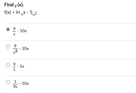 Solved Find f(x) f(x) = In x9-5x2 ⓔ 2.10x O 9. .. 10x .8 O | Chegg.com
