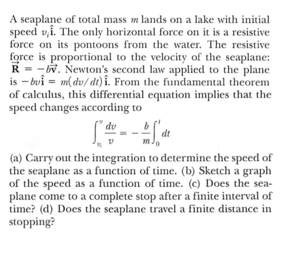 Solved A seaplane of total mass m lands on a lake with | Chegg.com