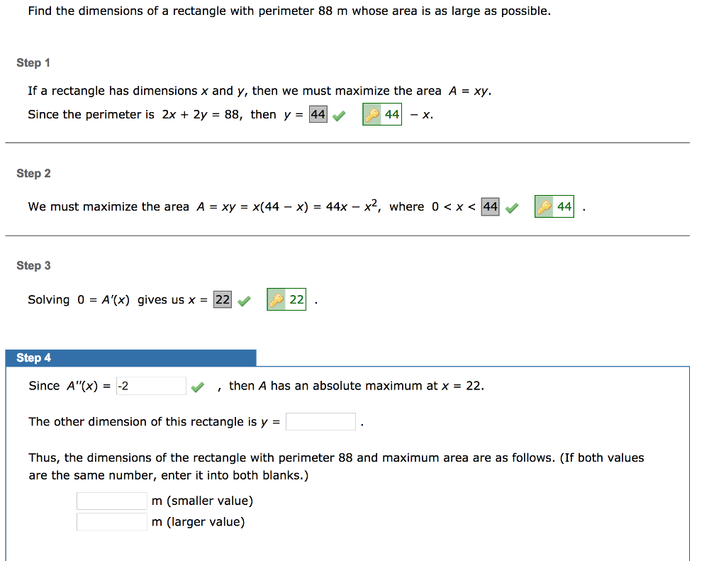 Solved Find the dimensions of a rectangle with perimeter 88 | Chegg.com Solved Find the dimensions of a rectangle with perimeter 88 | Chegg.com