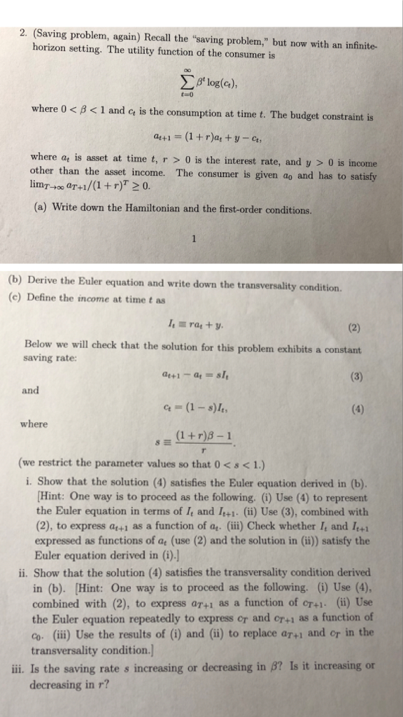 2. (Saving problem, again) Recall the "saving | Chegg.com