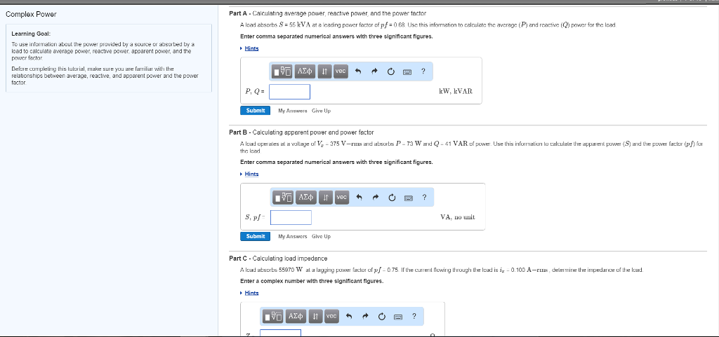 Solved Part A Calculatng average power, reactve power, and | Chegg.com