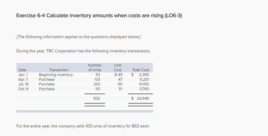 Solved Exercise 6-4 Calculate inventory amounts when costs | Chegg.com