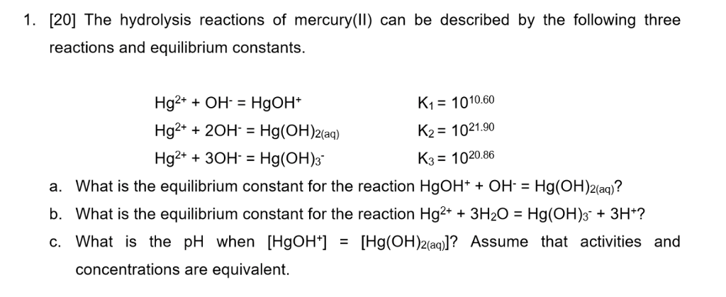 Solved The hydrolysis reactions of mercury(II) can be | Chegg.com