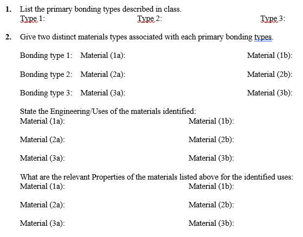 Solved List the primary bonding types described in class. | Chegg.com
