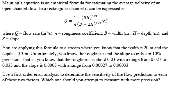 Solved Manning's equation is an empirical formula for | Chegg.com