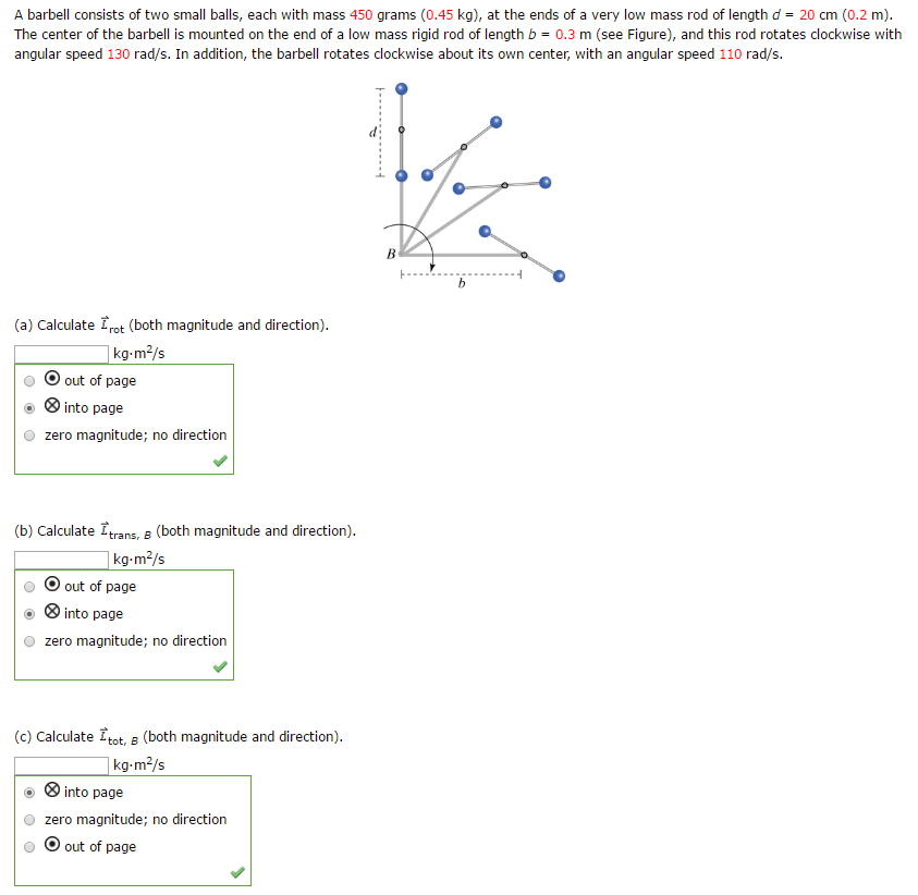 Solved A barbell consists of two small balls, each with mass | Chegg.com