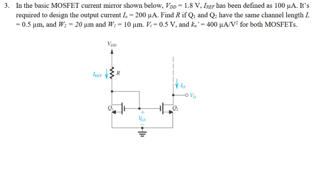 Solved In the basic MOSFET current mirror shown below, V_DD | Chegg.com