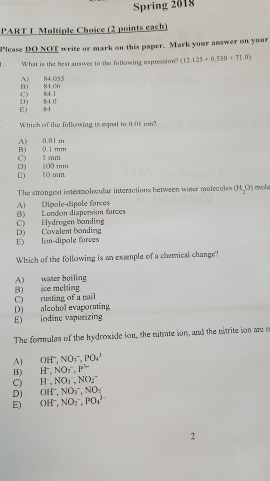Solved Spring 2018 PARTI Multiple Choice (2 points each) | Chegg.com