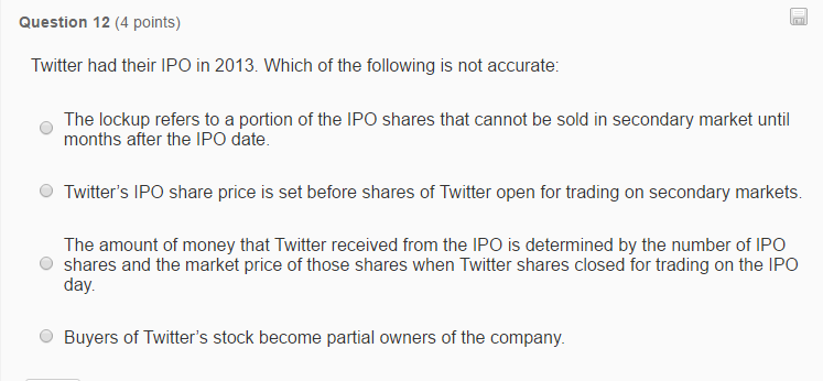 Solved Twitter had their IPO in 2013. Which of the following | Chegg.com