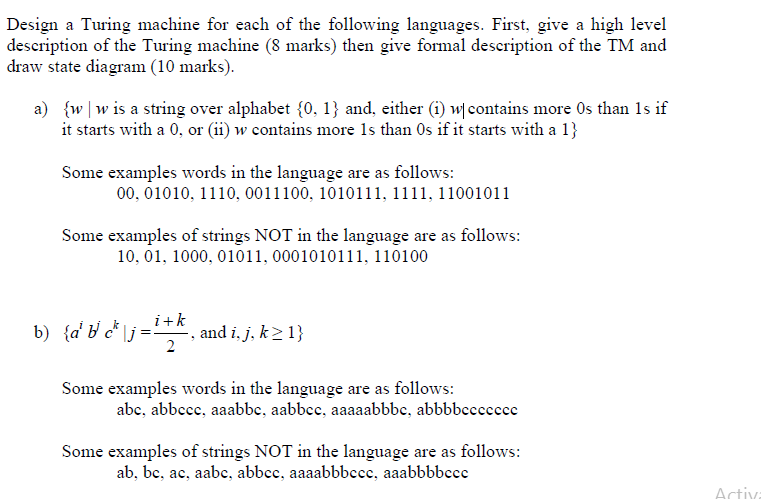 Solved Design A Turing Machine For Each Of The Following 