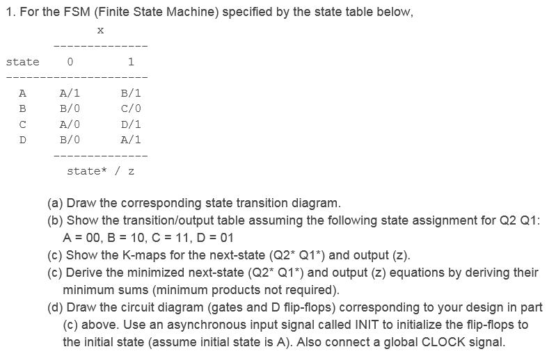 Solved 1. For the FSM (Finite State Machine) specified by | Chegg.com
