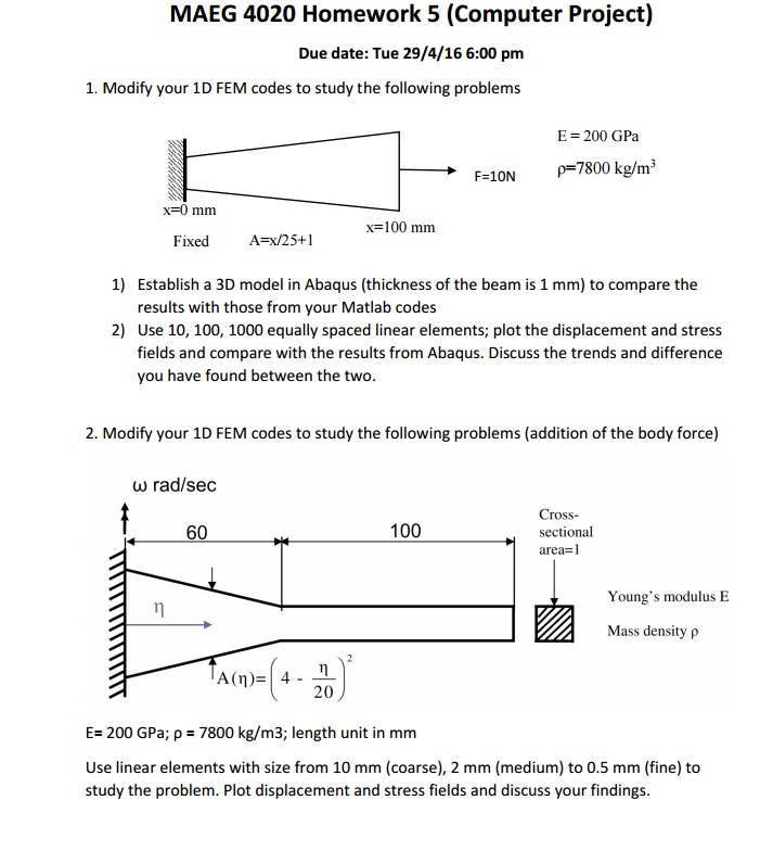 FEM Matlab problem. 1) Establish a 3D model in Abaqus | Chegg.com FEM Matlab problem. 1) Establish a 3D model in Abaqus | Chegg.com