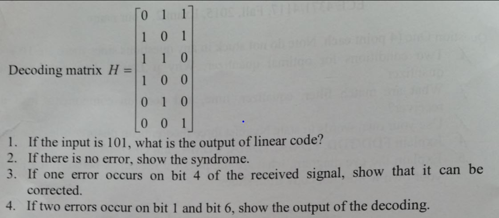 Solved Decoding matrix H = 1. If the input is 101, what is | Chegg.com