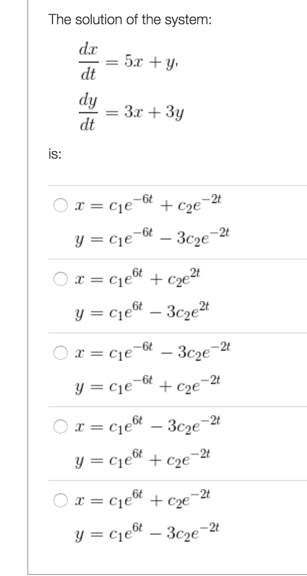 Solved The solution of the system: dx / dt = 5x + y dy/dt = | Chegg.com