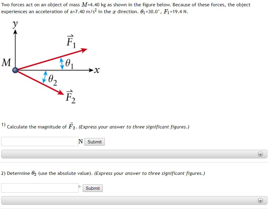 Solved Two Forces Act On An Object Of Mass M 4 40 Kg As