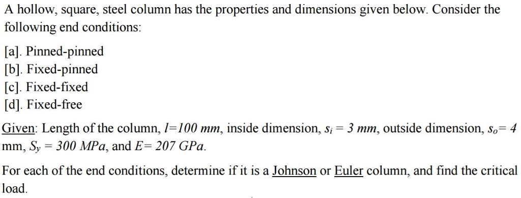 Solved A hollow, square, steel column has the properties and | Chegg.com