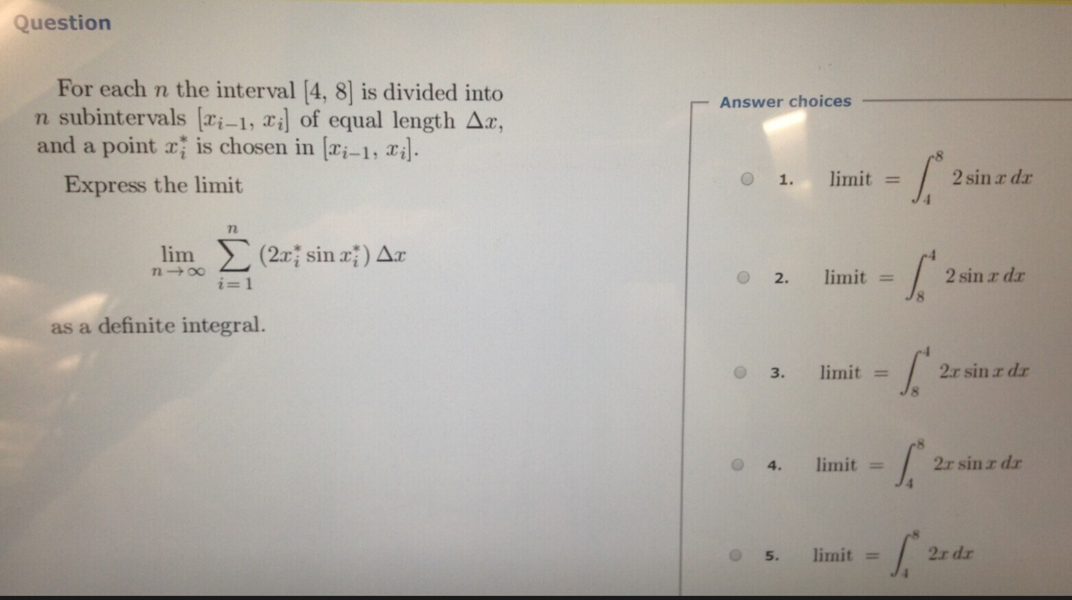 Solved For each n the interval [4, 8] is divided into n | Chegg.com