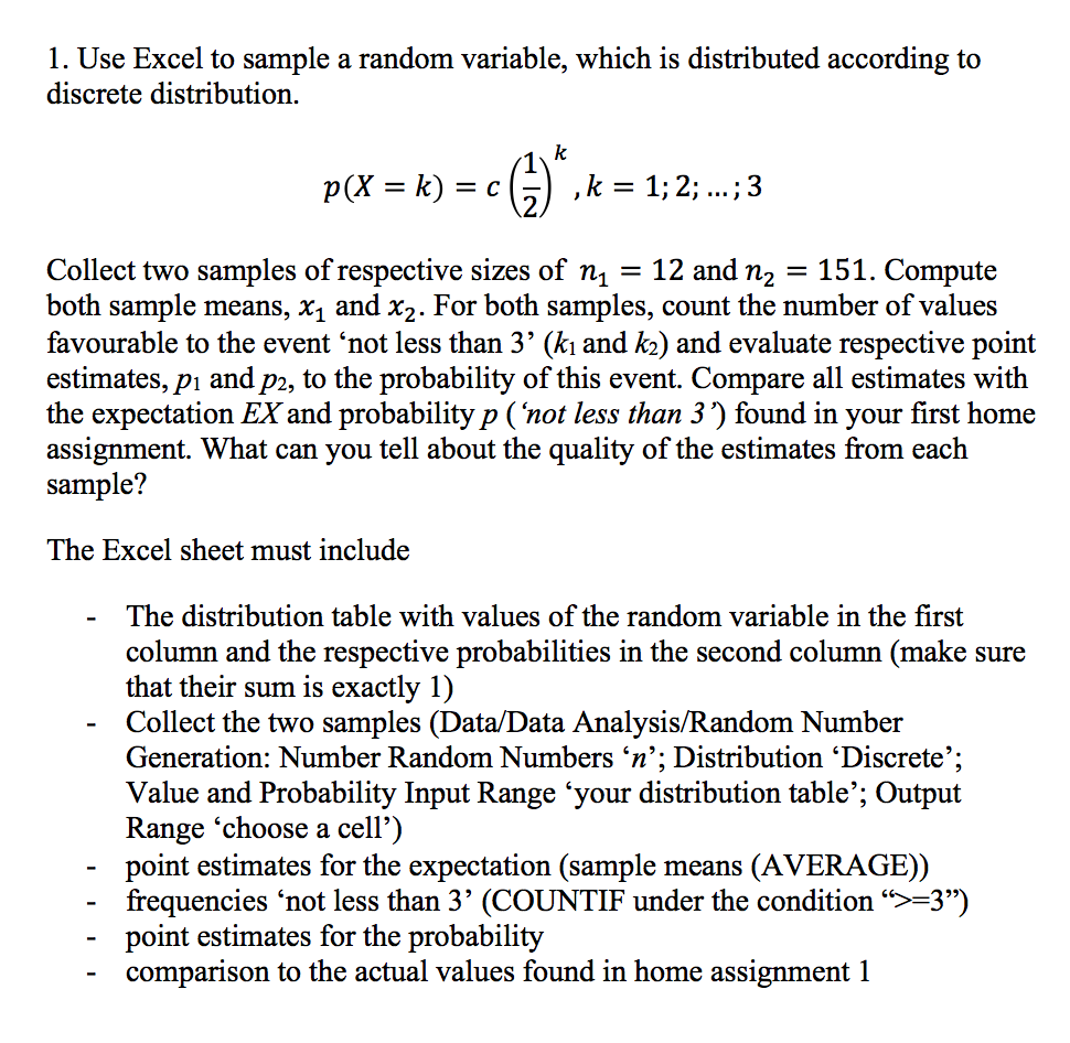 1. Use Excel to sample a random variable, which is | Chegg.com