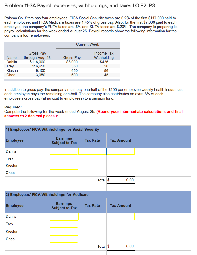 Solved Problem 11-3A Payroll expenses, withholdings, and | Chegg.com