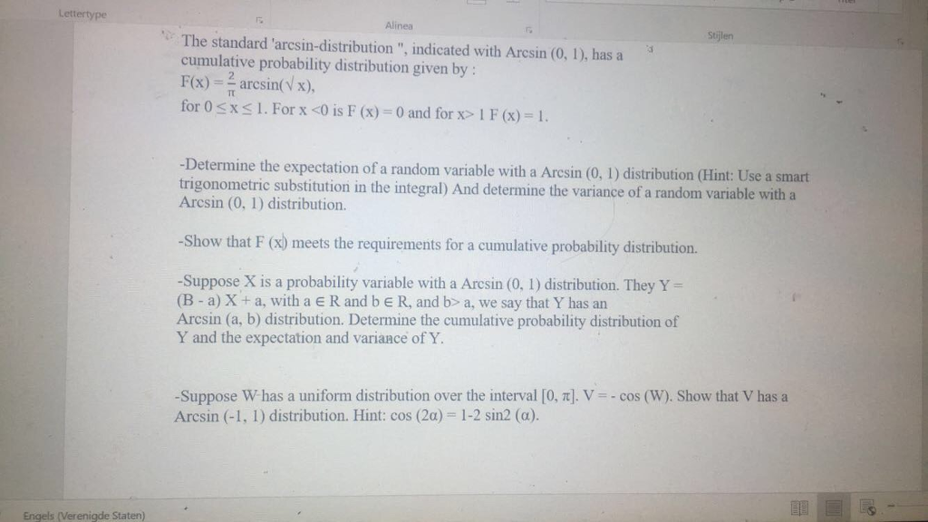 Solved The standard 'arcsin-distribution ", indicated with | Chegg.com