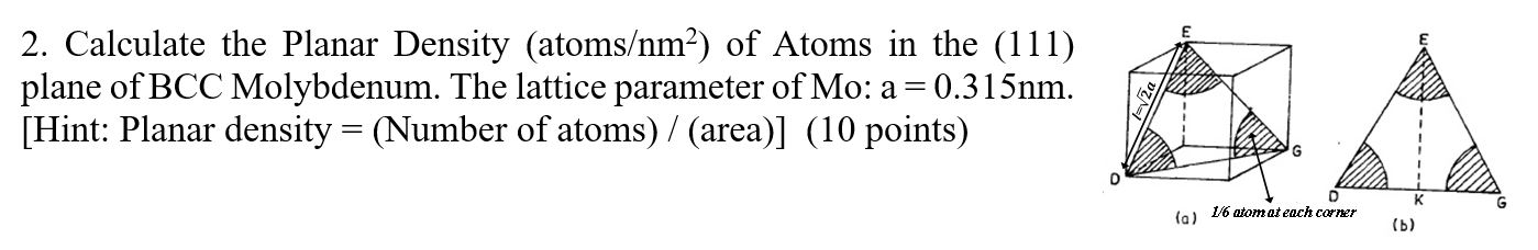 Solved Calculate the Planar Density (atoms/nm^2) of Atoms in | Chegg.com