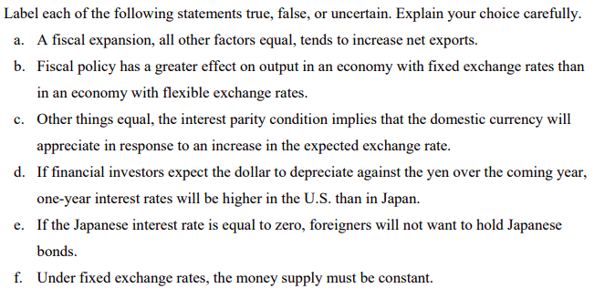 Solved Label each of the following statements true, false, | Chegg.com