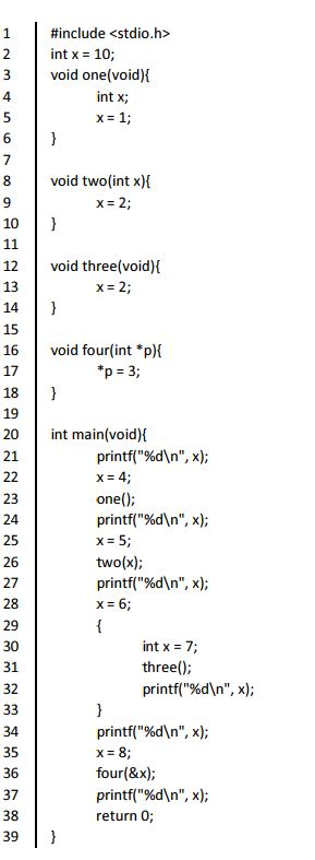 Solved #include int x = 10 3 void one(void) int x x = 1; 4 | Chegg.com