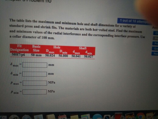 Solved 1 out of 10 atten The table lists the maximum and | Chegg.com