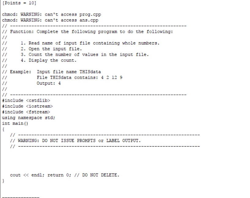 Solved [Points 10] chmod: WARNING: can't access prog.cpp | Chegg.com