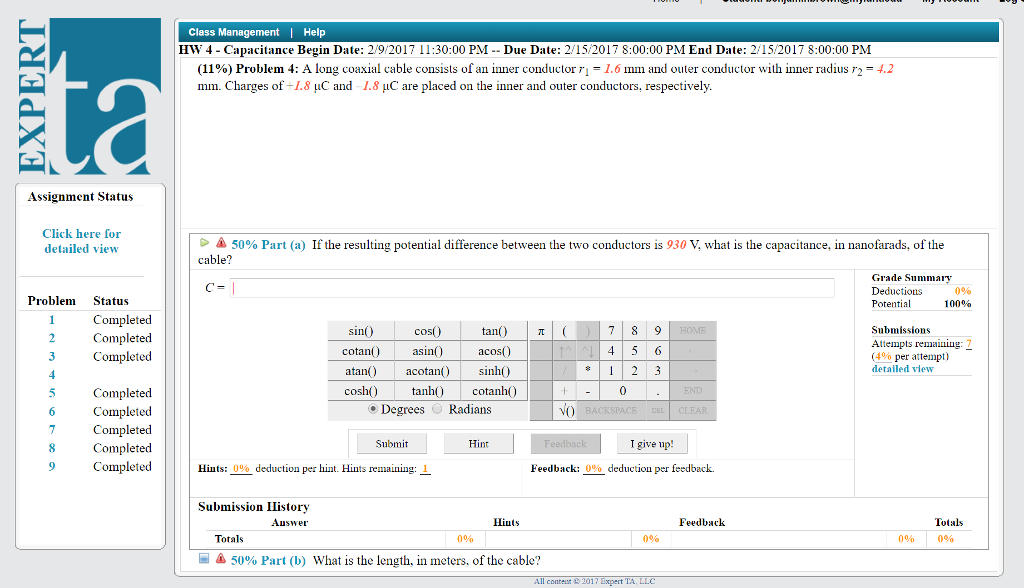 Solved Class Management I Help HW 4 Capacitance Begin Date: | Chegg.com