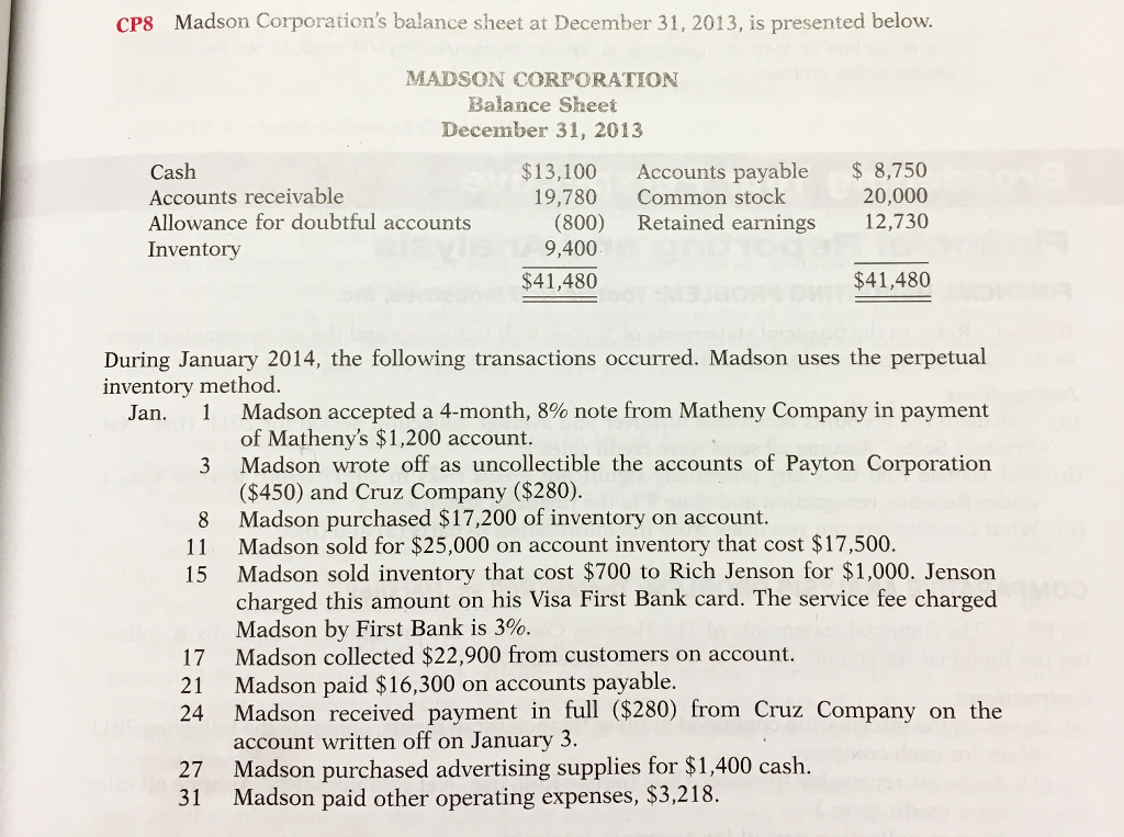 Solved cP8 Madson Corporation's balance sheet at December | Chegg.com