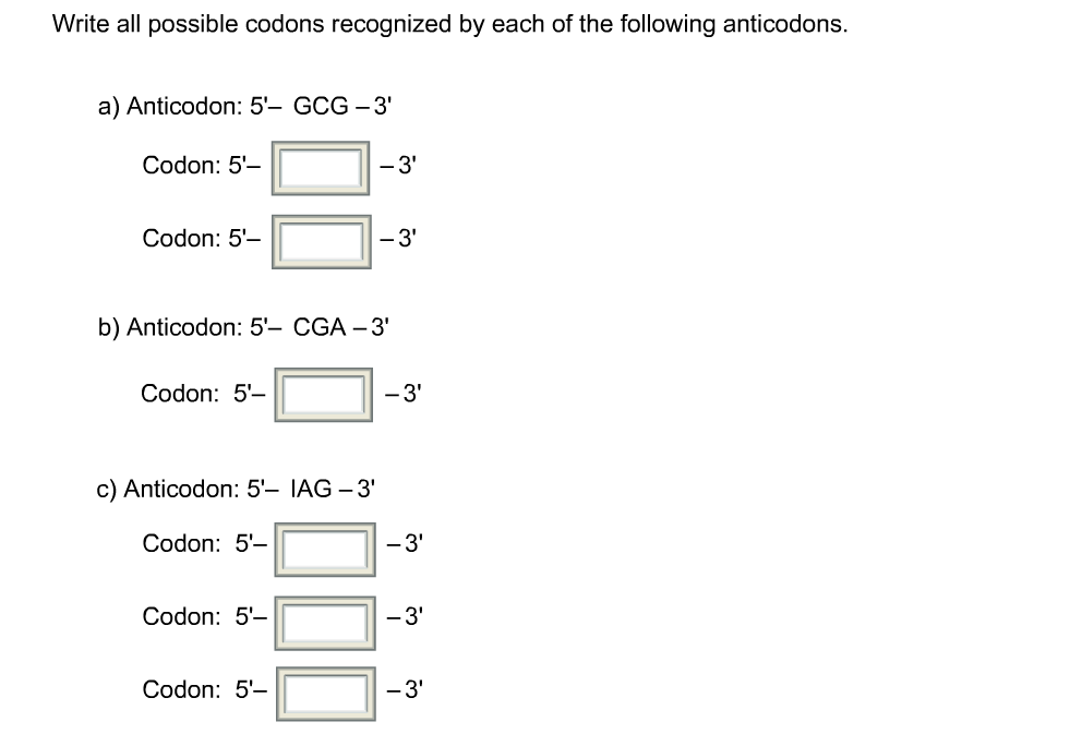 Solved Write all possible codons recognized by each of the | Chegg.com